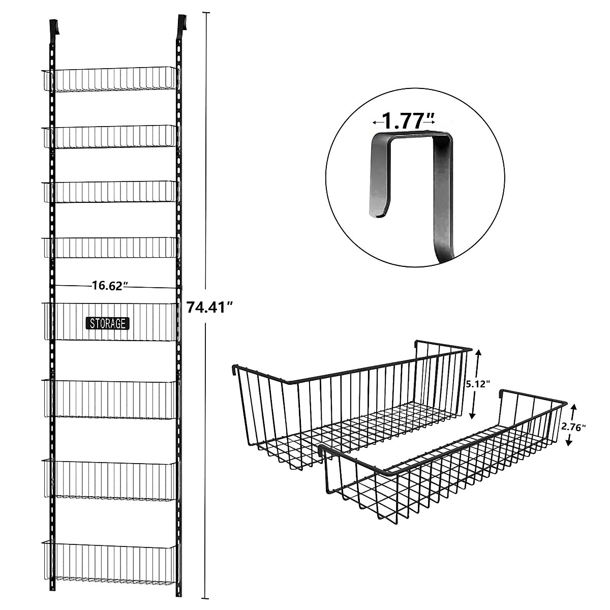 Shengsite 8-Tier Over the Door Pantry Organizer, Heavy-Duty Metal Pantry Door Organizer with 4 Long and 4 Short Baskets, Dual-use Hanging or Wall Mount Spice Rack Organizer, Black