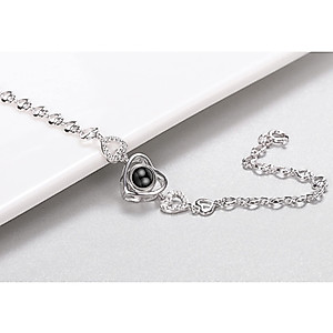 Aina Lighting Personalized Photo Projection Bracelet Custom Bracelet with Picture Inside I Love You Bracelet 100 Languages 925 Sterling Silver Heart Pendent Memorial Jewelry Gift for Women, 14+5cm
