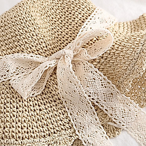 Summer Beach Sun Straw Hats for Women Ladies Wide Brim Lace Bow Floppy Packable Travel Bucket Hats UPF 50+ Crushable UV Fishing Cap Foldable Sun Protection Hat Beige