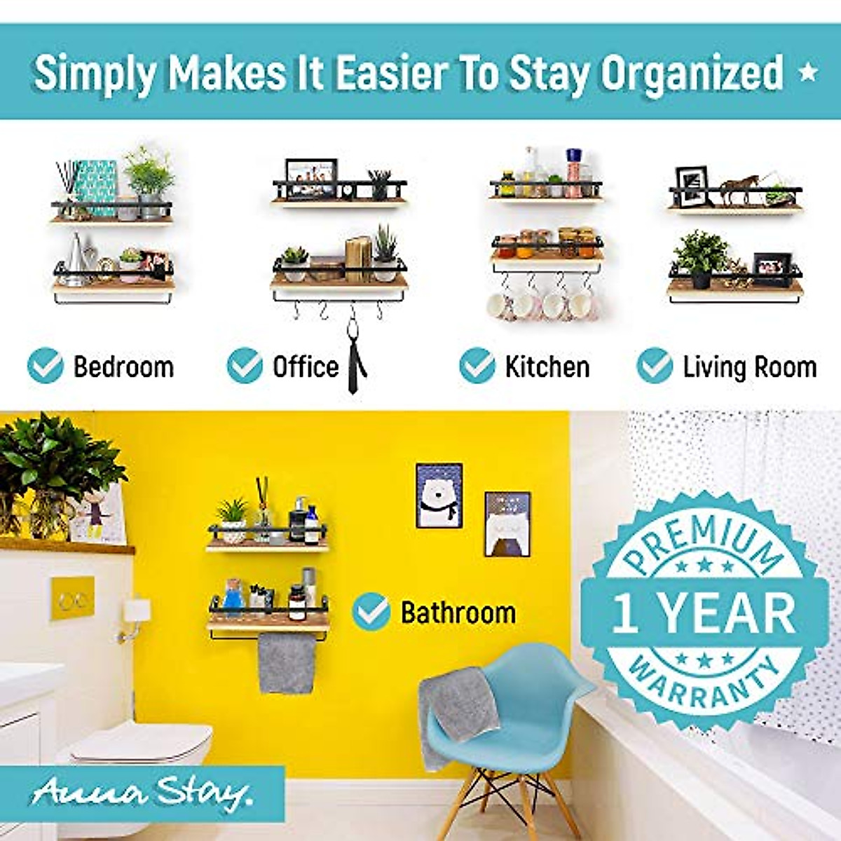 TRIVETRUNNER -ANNA STAY Floating Shelves Wall Mounted for Bathroom and Storage Shelves for Kitchen Set of 2, with Towel Bar, Cotton Towel Included (Light Brown)