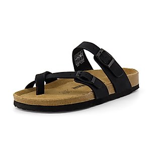 CUSHIONAIRE Luna Cork Footbed Women's Sandals - Comfortable Slip-On Slides with Adjustable Straps & Memory Foam for All-Day Wear | Beach Essential Summer Sandals for Women 2025, BLACK 9