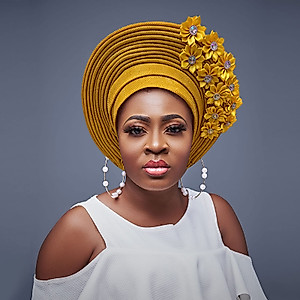 African Head Wraps Fashion Headbands Stones ASO Oke Auto Gele Headtie Already Made Women's Hats & Caps for Wedding Party. (Yellow)
