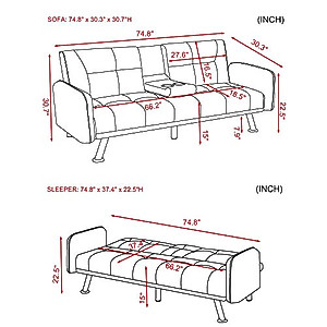 JULYFOX 75 inch Wider Futon Sofa Bed, Fabric Sofa Sleeper Bed with Holder Armrest 600lb Heavy Duty for Small Spaces(Light Gray)