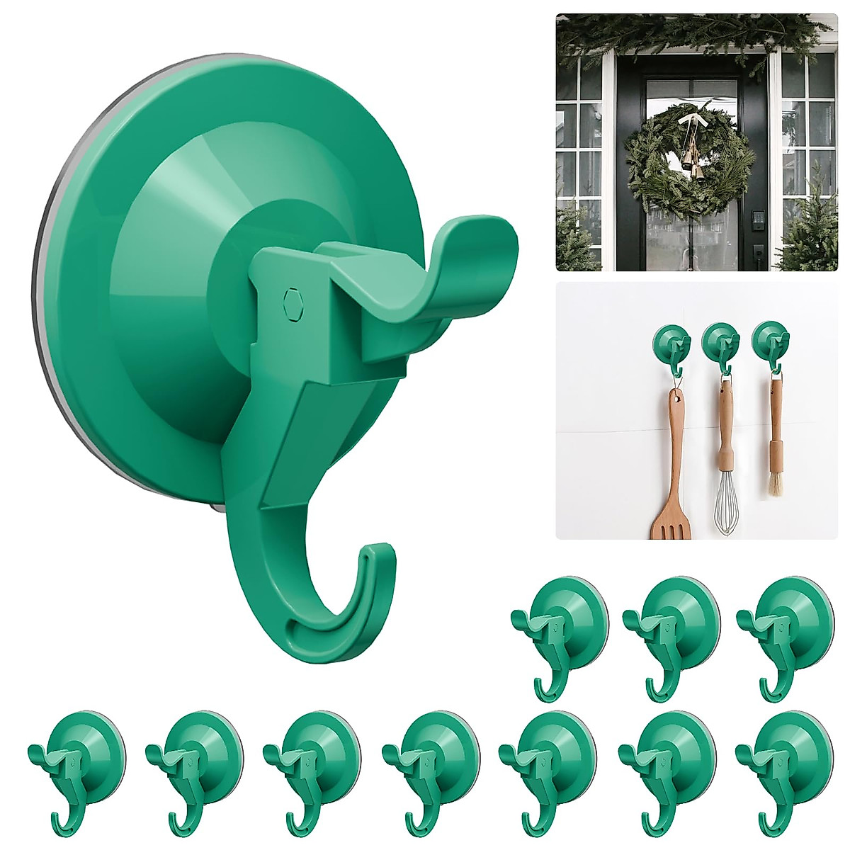 Antimbee Suction Cup Hooks, 10 Pack Wreath Hangers, Removable Glass Wall Holder Hook, Small Suction Utility Hook for Bathroom Kitchen Home Decor, Up to 11 lbs on Smooth Surface (Green)