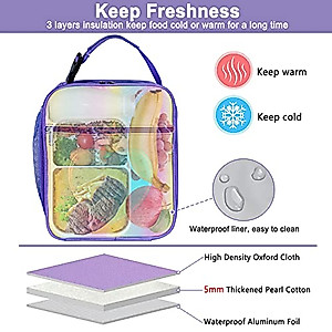 Samhe Lunch Box for Girls Kids, Insulated Rainbow Tote Bag Leakproof Thermal Cooler Reusable Lunch Bag for School Office Outdoor (Purple)