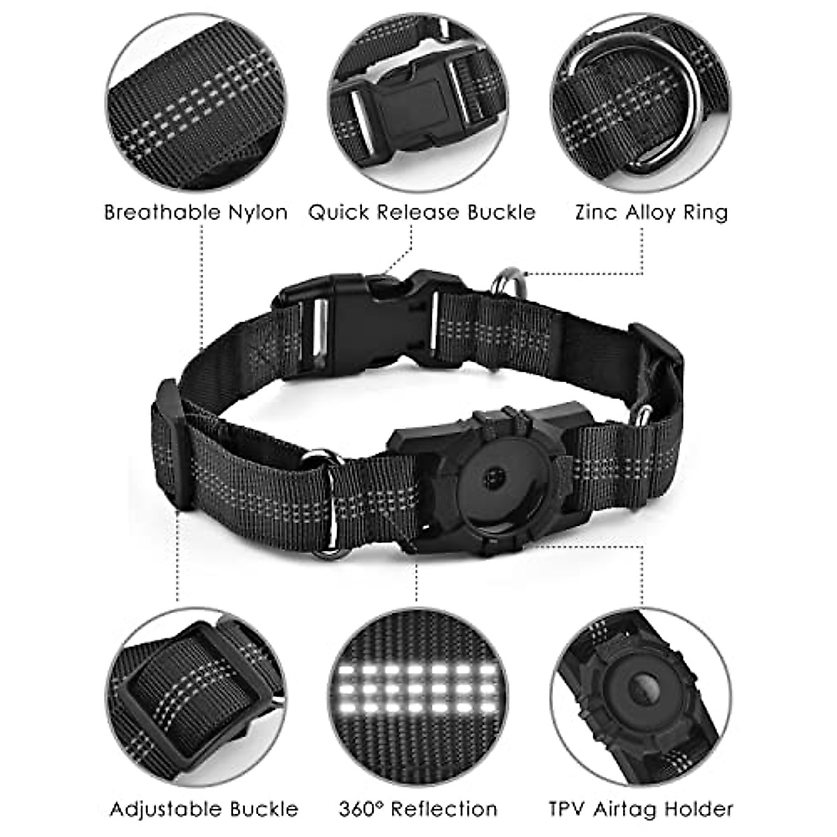 KATUMO AirTag Dog Collar, Reflective Dog Collar for Apple AirTag, Adjustable Soft Nylon Pet Collars with AirTag Holder for Medium Dogs (M, Black)