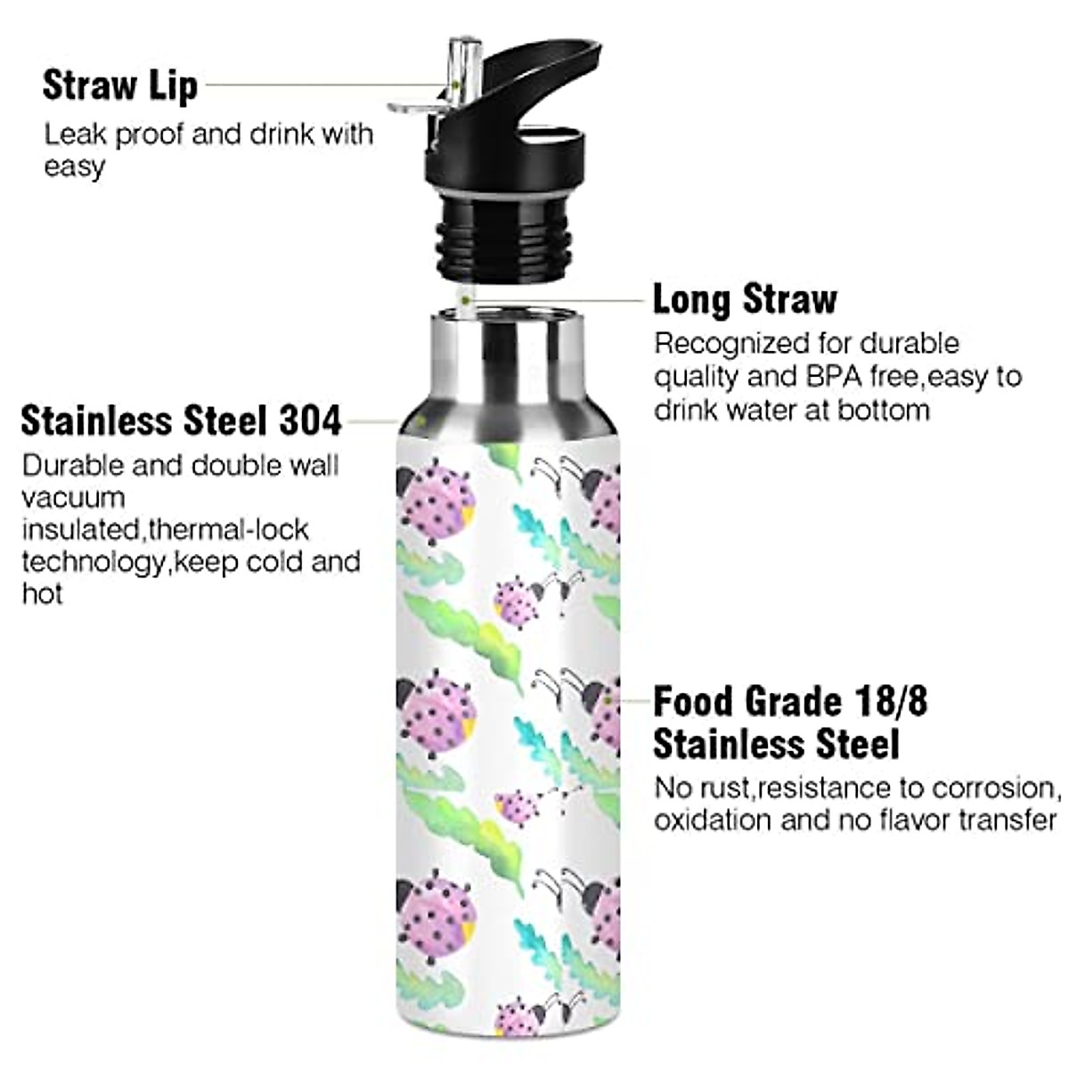 xigua Ladybug Water Bottle Double Walled Stainless Steel Leak Proof Thermo Flask for Sports Gym Cycling Outdoor,20 oz.