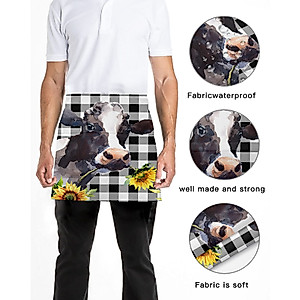 RisQiten Farm Cow Waitress Apron for Women/Men with 3 Pockets, Farmhouse Sunflower Black amd White Plaid Server Aprons Waterproof Kitchen Cooking Half Waist Apron