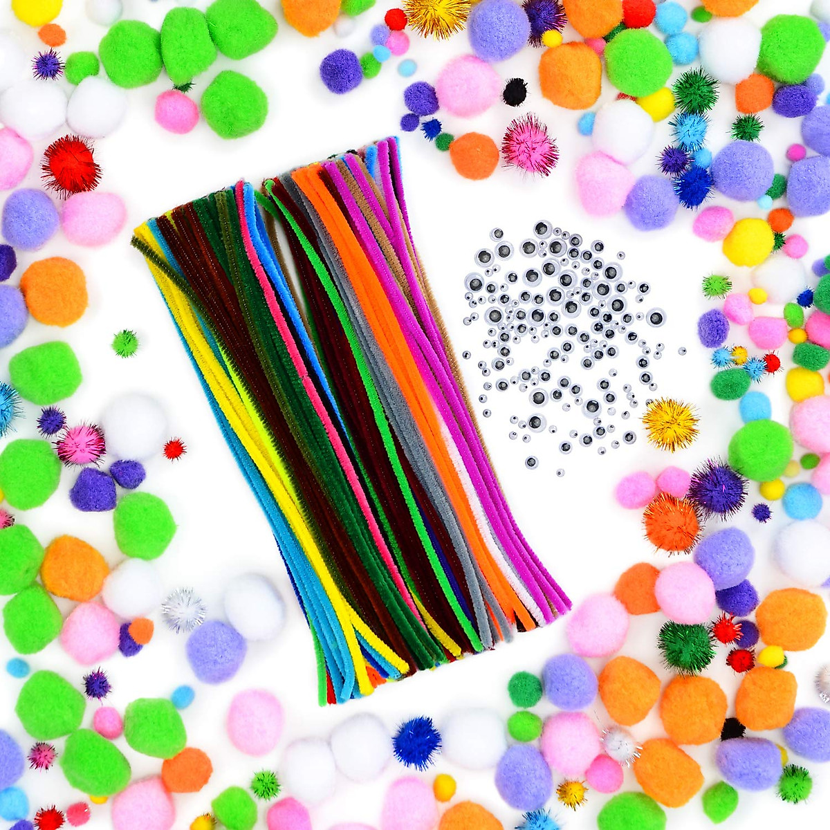 ZHAOER 200 Pieces Chenille Stems - 250 Pieces 6 Sizes Assorted Pom Poms - 100 Pieces Glitter Pompoms and 150 Pieces Wiggle Googly Eyes for DIY Arts Crafts