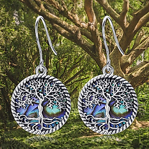 Odinstone Sterling Silver Tree of Life Earrings for Women Family Tree Pendants Natural Abalone Shell Drop Dangle Earrings Necklace Fashion Jewelry, with Fine Gift