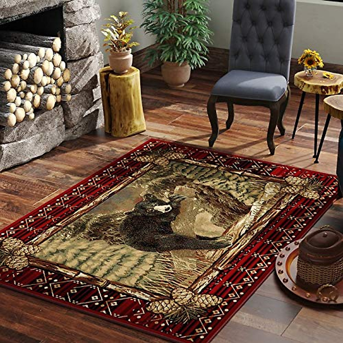 Mayberry Rugs Rustic Lodge Pine Black Bear Cub Log 2'x3' Area Rug, 2'3"x3'3"