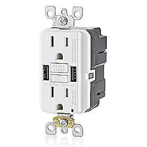 Leviton GUSB1-W 15A SmartlockPro GFCI Combination 24W(4.8A) Type A USB In-Wall Charger Outlet , White