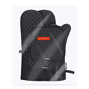 BESTONZON 4PCS Heat Resistant Oven Mitts and Pot Holders, Soft Cotton Lining with Non-Slip Surface for Safe BBQ Cooking Baking Grilling (Black)