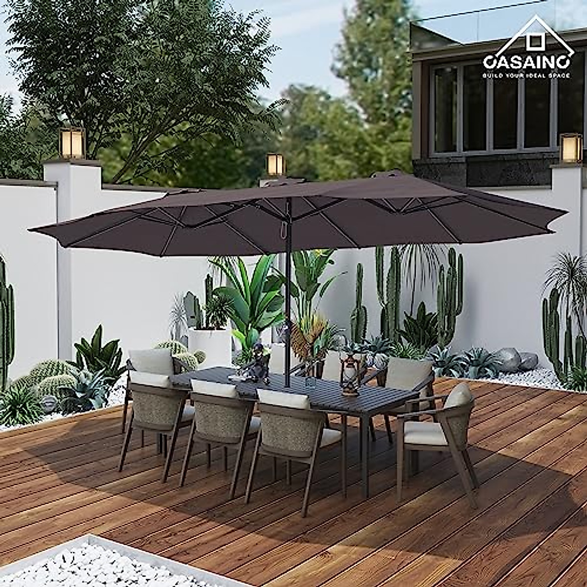CASAINC 15 FT Patio Umbrella with Base Double-Sided Extra Large Outdoor Umbrella Market Rectangular Twin Umbrella w/Crank for Garden Deck Lawn Pool Backyard-Coffee (without Lights)