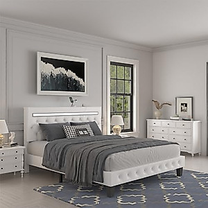 Benevika King Size Bed Frame with LED Lights, Upholstered Platform Bed Frame, Adjustable Headboard with Charging Station, Wooden Slats Support, Easy Assembly, No Box Spring Needed, White