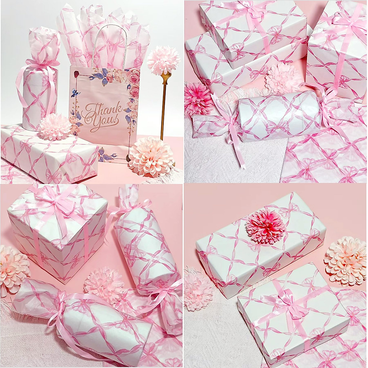 LIAPAWPAW Pink Bow Tissue Paper, Cute Girly Gift Wrapping Tissue Paper For Gift Bags Packaging, Matte Gift Wrap Tissue For Birthday Wedding Holiday Christmas Party Decor Art Crafts,30 Sheets 20x14inch