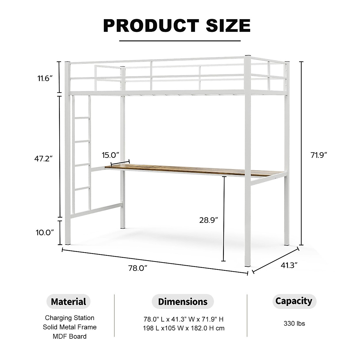 IKIFLY Metal Twin Size Loft Bed with Desk & Charging Station, Heavy Duty Loft Bed Frame with Safety Guard Rail and Ladder, Space-Saving Design, Noise Free, No Box Spring Needed - White
