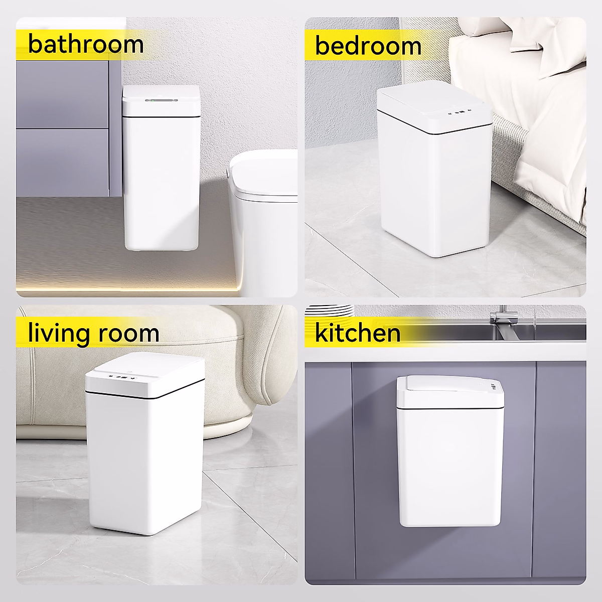 kaylowe Automatic Bathroom Trash Can 2.6 Gallon Touchless Garbage Cans with Lid 2 Pack Small Slim Motion Sensor Smart Trash Bin for Bedroom, Bathroom, Office, Kitchen, Living Room, White