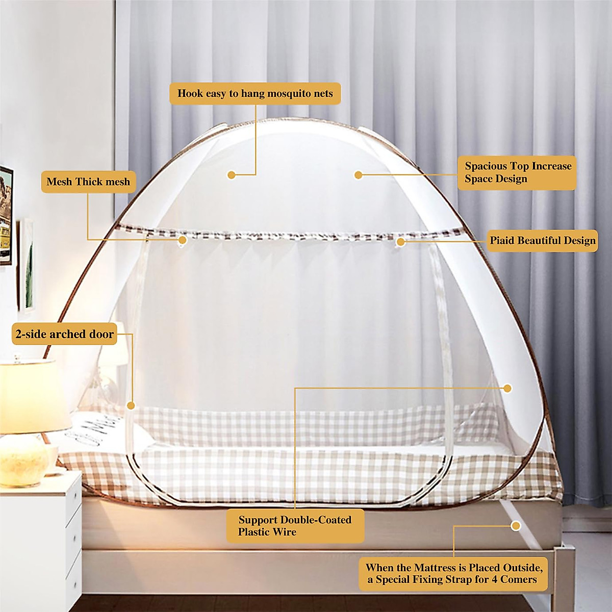 Tinyuet Mosquito Net for Bed, Portable Double Door Pop-up Mosquito Netting with Net Bottom, 59x78.7in Bed Tent for Indoor and Outdoor Use, Insect Screen - Brown Edge