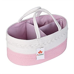 Large Baby Diaper Caddy Organizer Woven Cotton Rope Basket Rainbow Nursery Storage Bin Portable for Changing Table/Car Travel Bag Tote Newborn Registry Must Have Baby Shower Basket for Boy Girl