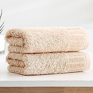 sense gnosis Khaki Hand Towels Set of 2 Decorative Long Terry Striped Pattern 100% Cotton Soft Absorbent Hand Towel for Bathroom 13 x 29 Inch