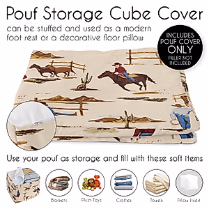 Sweet Jojo Designs Tan Brown Western Cowboy Boy Ottoman Pouf Cover Unstuffed Poof Floor Footstool Square Cube Pouffe Storage Baby Nursery Kids Room Wild West Southern Charm Horse Cow Animal Red White
