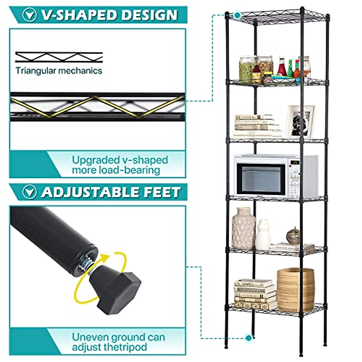 6 Tier Shelving Unit Narrow Shelf Storage Shelves Tall Skinny Shelf for Small Spaces Bathroom Racks and Shelves Corner Storage Rack for Kitchen Laundry Pantry Closet 16.7" l×11.8" w × 63.6" h, Black