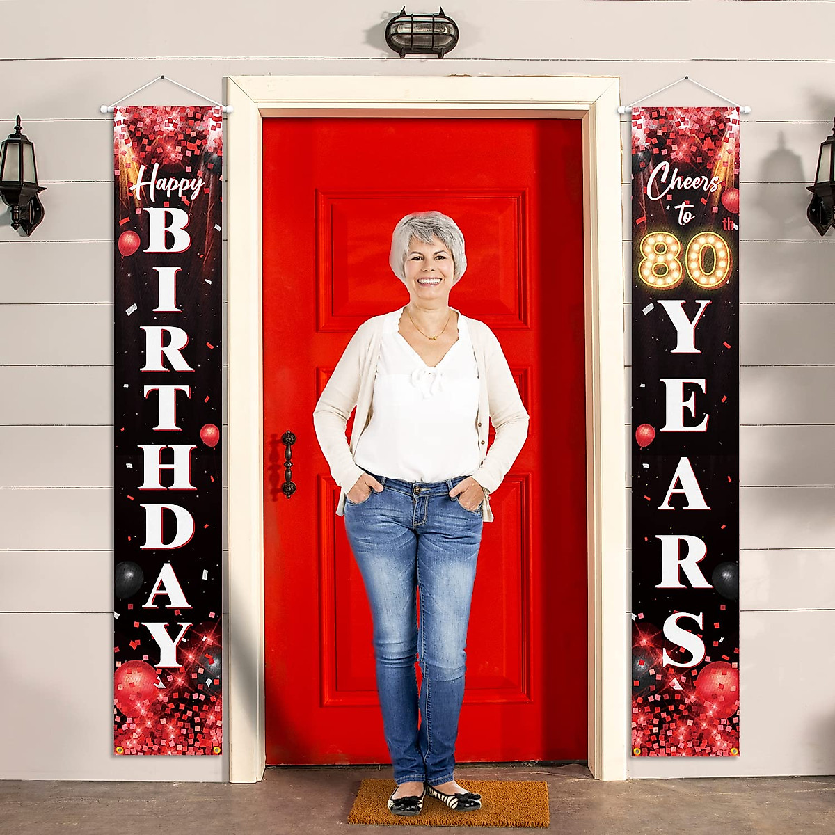 Happy 80th Birthday Porch Sign Door Banner Decor Red and Black – Glitter Cheers to 80 Years Old Birthday Party Theme Decorations for Men Women Supplies