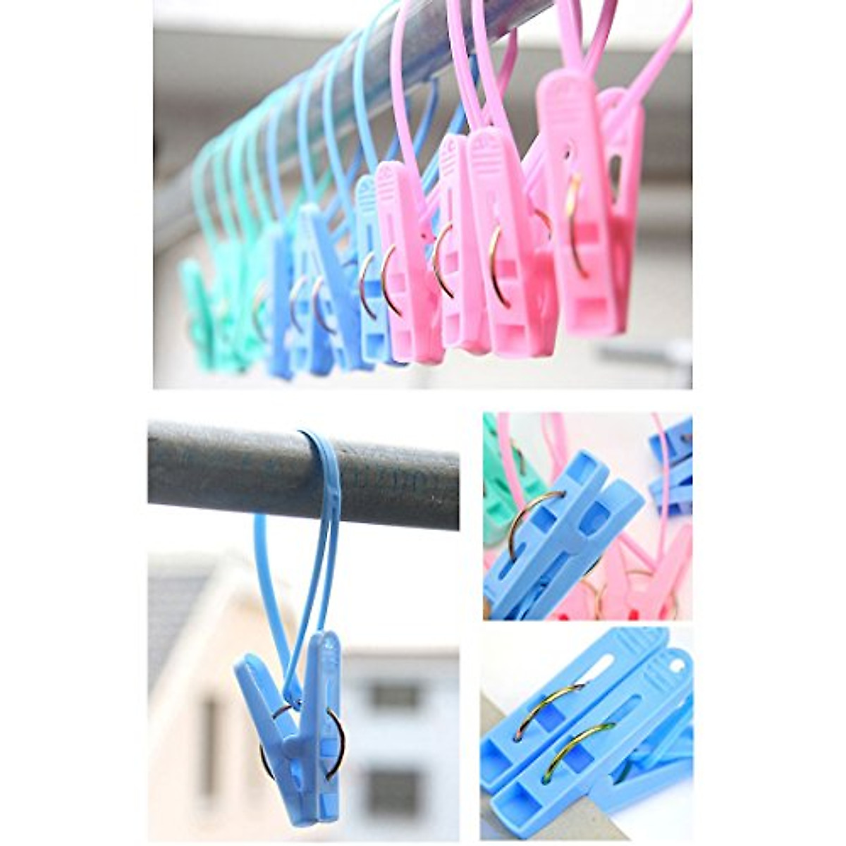 JCBIZ 24Pcs Clothes Peg Clip Pins,Multicolor Rope Clip Hanging Clothes line Windproof Hanger Sock Clothes Drying Peg PP Plastic Clips Hooks