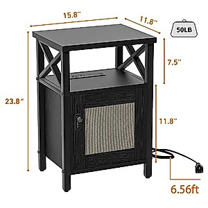 Rattan Nightstand with Combination Lock, End Table with Charging Station, Side Table with Rattan Door and Open Shelf, Modern Wooden Bedside Table for Bedroom, Living Room, Dorm