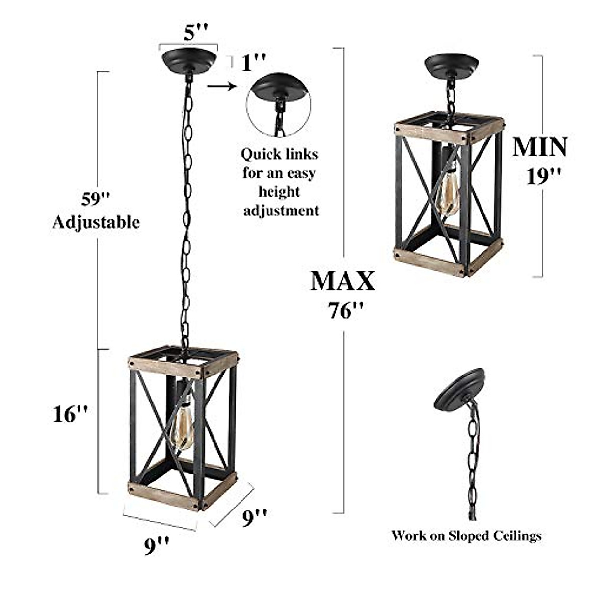 LNC Farmhouse Pendant Lighting Fixture Rustic Wood Cage Chandelier for Kitchen Island, Entryway, Foyer, Living and Dining Room, Brown, Rectangle