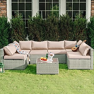 Skyfish 7 Pieces Patio Furniture Set - Outdoor Sectional Wicker Rattan Furniture with Cushion and Glass Table Patio Conversation Sets for Porch Poolside Backyard Outdoor Sofa Set Modular Sofa