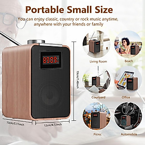 Bluetooth Fm Radio, Retro Radio Plug in Wall Vintage Wooden Bluetooth Speaker Portable Shortwave Radio with LED Display, 2000mAH Rechargeable with Rotary Knob for Outdoor Indoor Office
