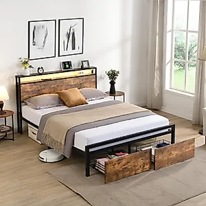 CNANXU Industrial Full Size Platform Bed Frame with LED Lights Headboard and 2 Storage Drawers, Metal Bed Frame with Charging Station, Mattress Foundation with Slats Support (Full, Drawers)
