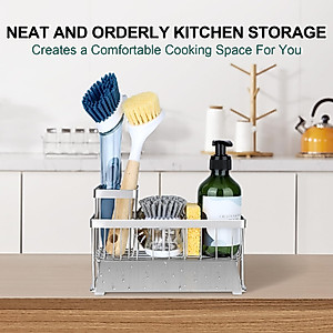 EEKEDO Kitchen Sink Caddy Organizer with Auto Drain Tray and Divider, Sponge Holder and Brush Storage for Kitchen, Rustproof Stainless Steel - Silver