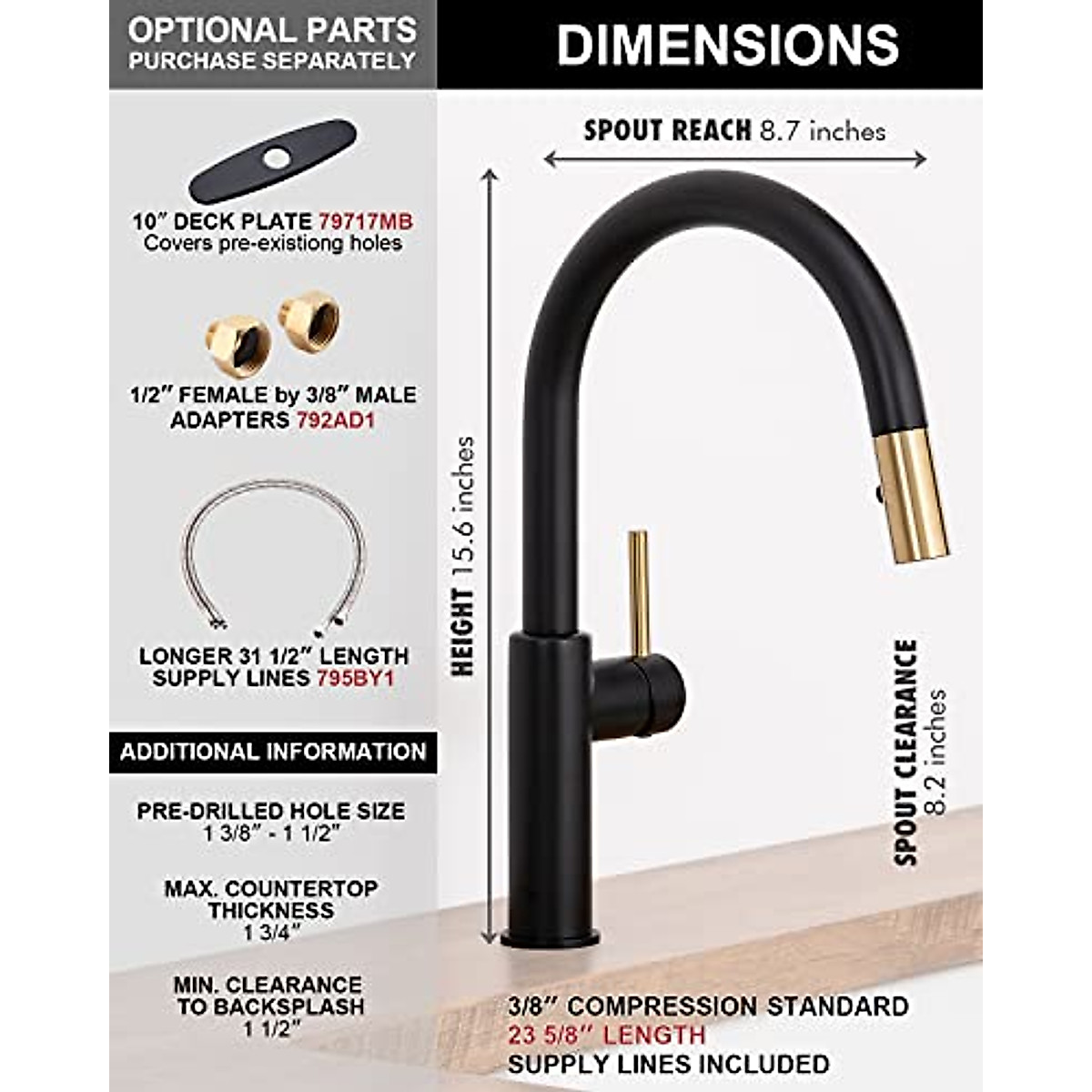 Darnok 79723BX Mia Black and Gold Kitchen Faucet with Pull Down Sprayer, 15.6-inch High-arc Magnetic Docking Kitchen Sink Faucet, Matte Black/Luxe Gold