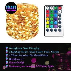 Sutekus Outdoor Fairy Lights with Remote and Timer, 16 Color Changing Waterproof LED Lights, Christmas Fairy String Lights Battery Operated for Party, Wedding, Dorm, Garden (16.4FT 50LED)