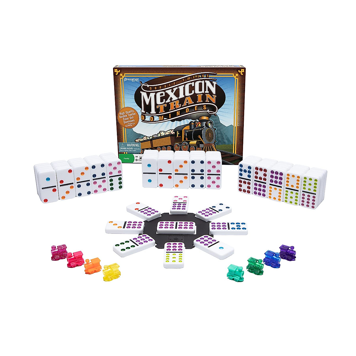 Mexican Train Dominoes - Beautiful Color Dot Double 12 Dominoes Set - Includes Train Markers and Hub by Pressman Multi Color, 5"