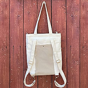KELAMY Convertible Canvas Backpack Tote with Zippers & Pockets Color Block Tote Bag / Backpack (Tan)