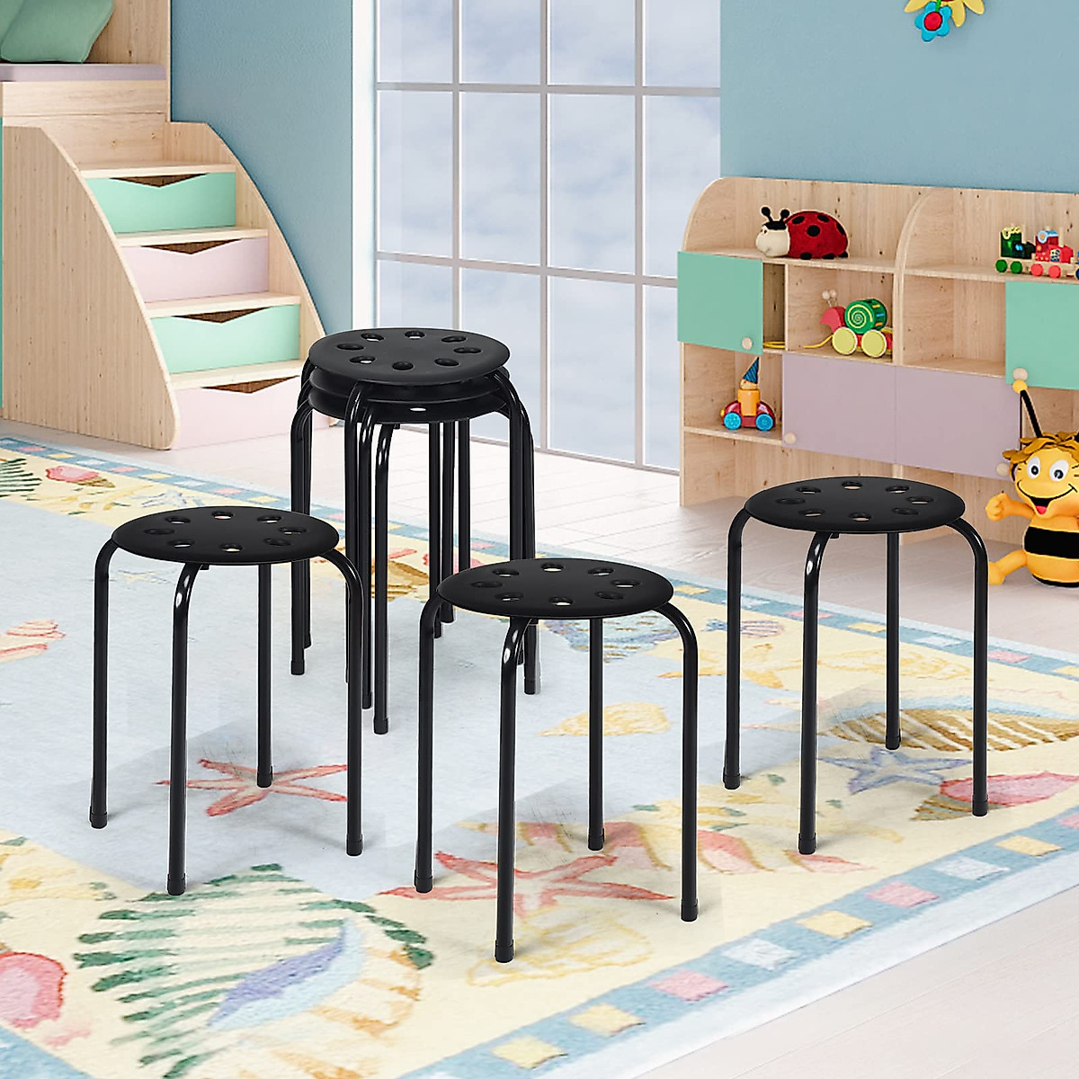 HONEY JOY 6 Pack Stackable Stool, 17.5” Kids Stacking Decoration Stool Set w/Metal Frame & Plastic Seat, Backless Round Flexible Seating for Children's Table, School, Classroom(6 Piece, Black)