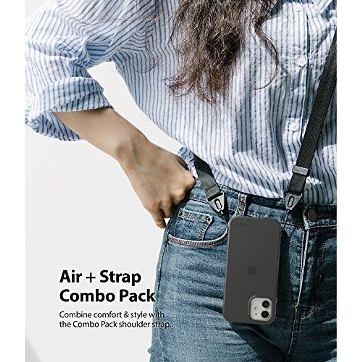 Ringke Air Shoulder Strap Compatible with iPhone 12 Mini Case, Crossbody Necklace Lanyard with Clear TPU Silicone Phone Back Cover for 5.4-inch (2020) - Smoke Black