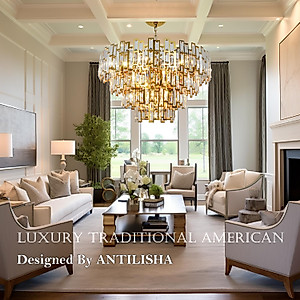 ANTILISHA Gold Crystal Chandelier Lighting Foyer Hall Entry Way Chandeliers Light Fixture for High Ceiling Sloped Pendant Hanging French Empire Style Round Large