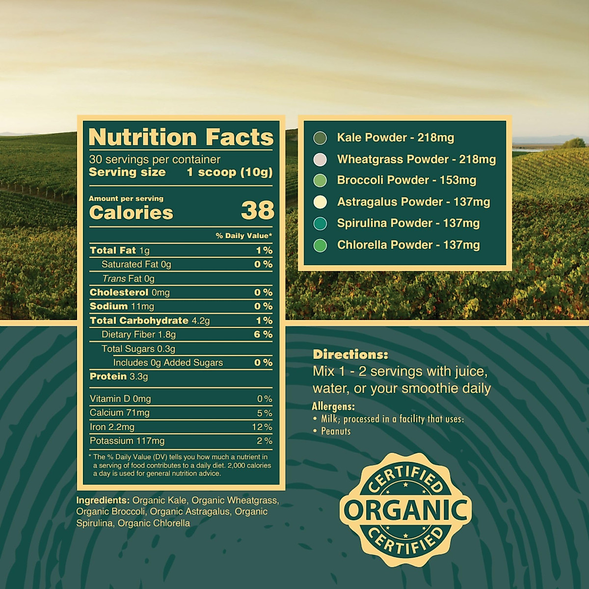 Pure Choice Whey Organic Greens Superfood Powder, USA Grown - Kale, Alfalfa Grass, Wheatgrass, Barley Grass, Astragalus, Spirulina, Oat Grass & Chlorella, USA Grown (10.6 oz, 1 Month Supply)