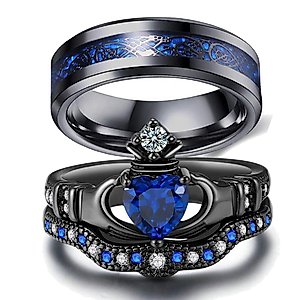 Couple Ring Bridal Set His Hers Black Claddagh Ring Heart Shape Rhinestone Stacking Irish Ring Stainless Steel Wedding Ring Band