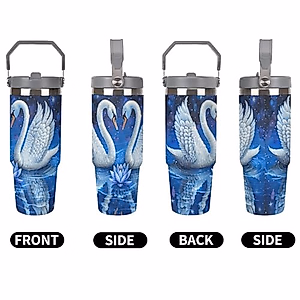 YTLKGFP 30 Oz Large Capacity Car Cup Two White Swans Tumbler with Handle Straw Lid Insulated Stainless Steel Water Bottle Travel Mug Leak-proof Car Cup Keeps Cold Or Hot