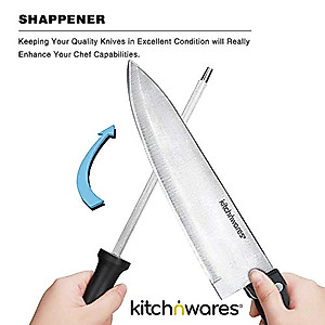 Knife Set With Wooden Block - 15 Piece Set Includes Chef Knife, Bread Knife, Carving Knife, Utility Knife, Paring Knife, Steak Knife, Boning Knife, Scissors And Knife Sharpener. - By Kitch N’ Wares