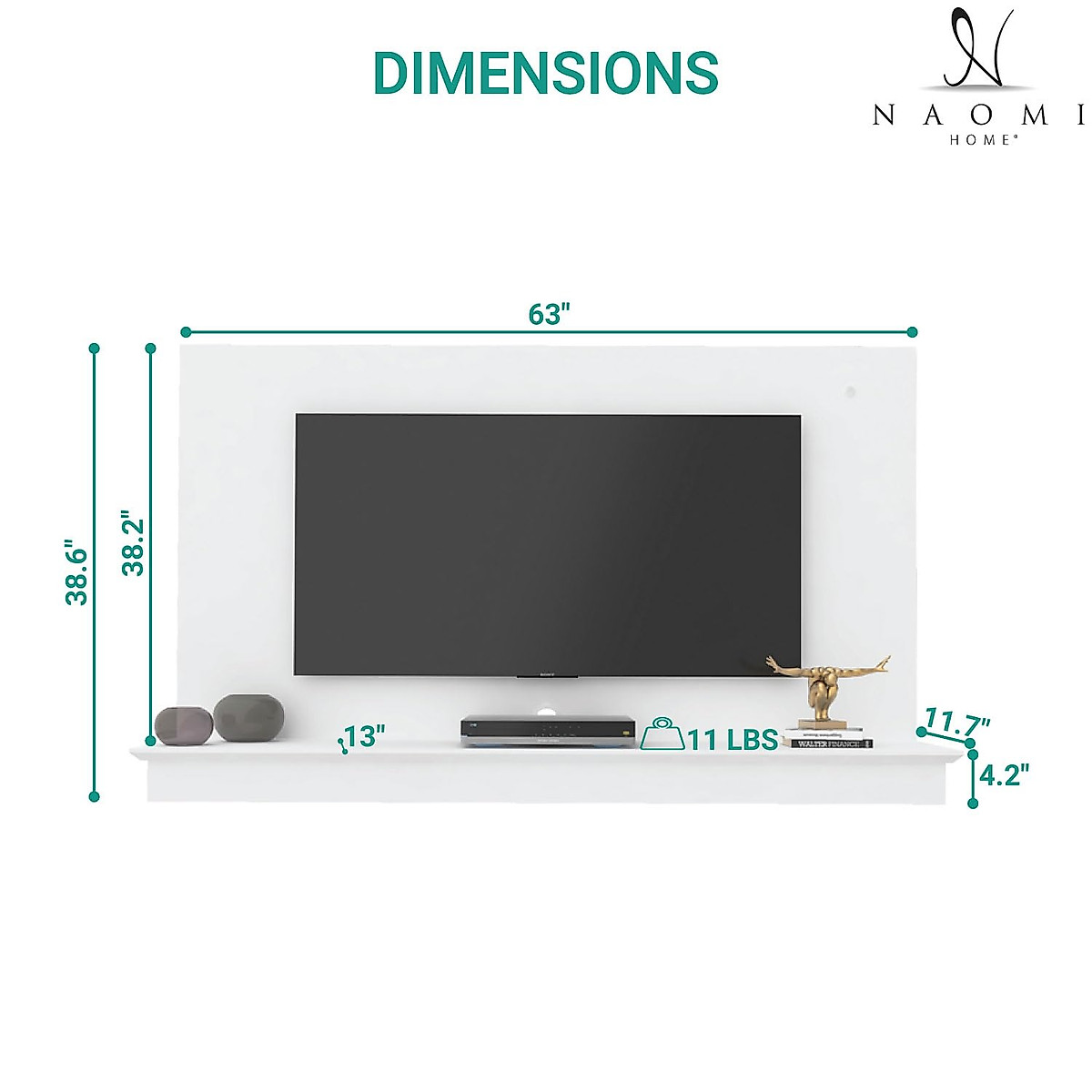 Naomi Home Deborah Floating Entertainment Center for up to 55 inch TVs, TV Wall Panel with LED Strip and Shelf, Floating TV Stand, White