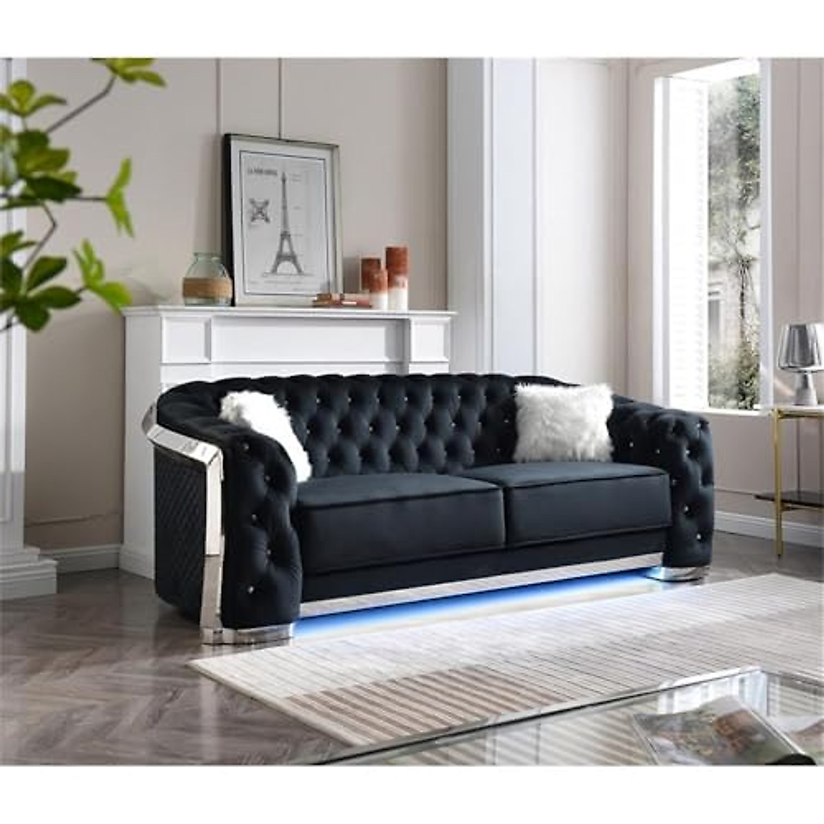 Glory Sapphire Black Velvet Sofa with LED Accent Lighting