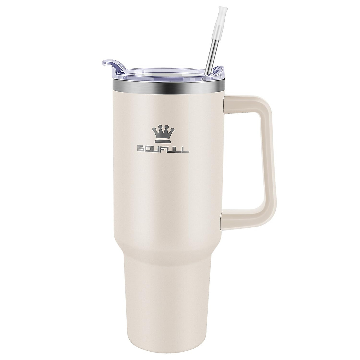 40 oz Tumbler with Handle and Straw Lid, 100% Leak-proof Travel Coffee Mug, Stainless Steel Insulated Cup for Hot and Cold Beverages, Keeps Cold for 34Hrs or Hot for 10Hrs, Dishwasher Safe (Cream)