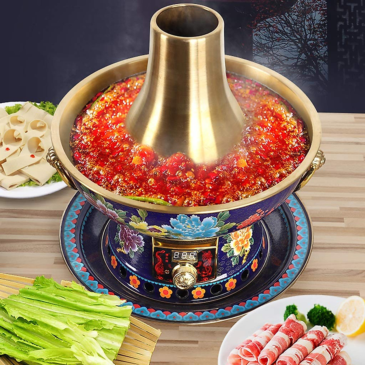 Chafing Dishes Saucepans With Lids Non Stick Hotel Cloisonne Copper Hot Pot Household Electric Carbon Dual-purpose Fire Boiler Old-fashioned Mutton Hotpot Craftsmanship (Color : A, Size : 34cm)
